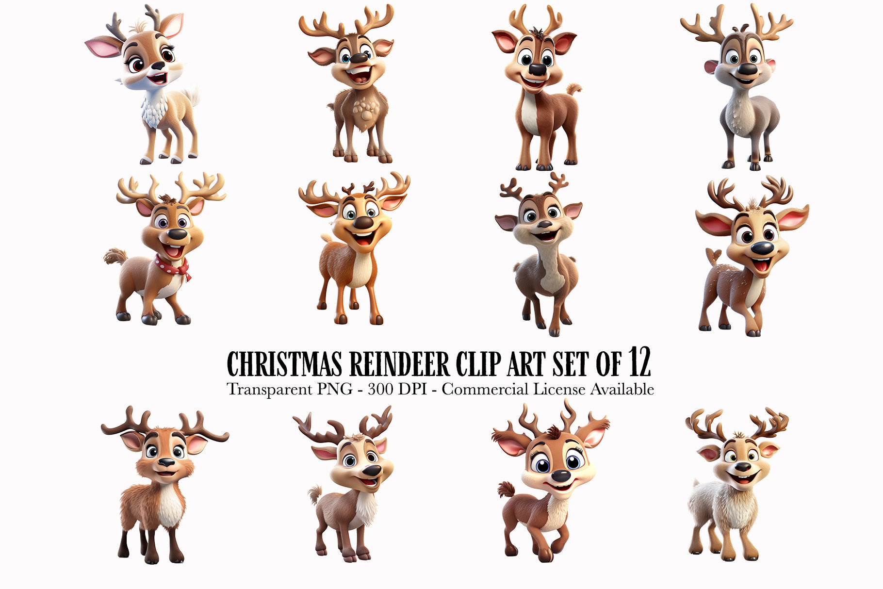 Christmas Reindeer Clip Art Collection 12 Transparent Pngs With Cute ...