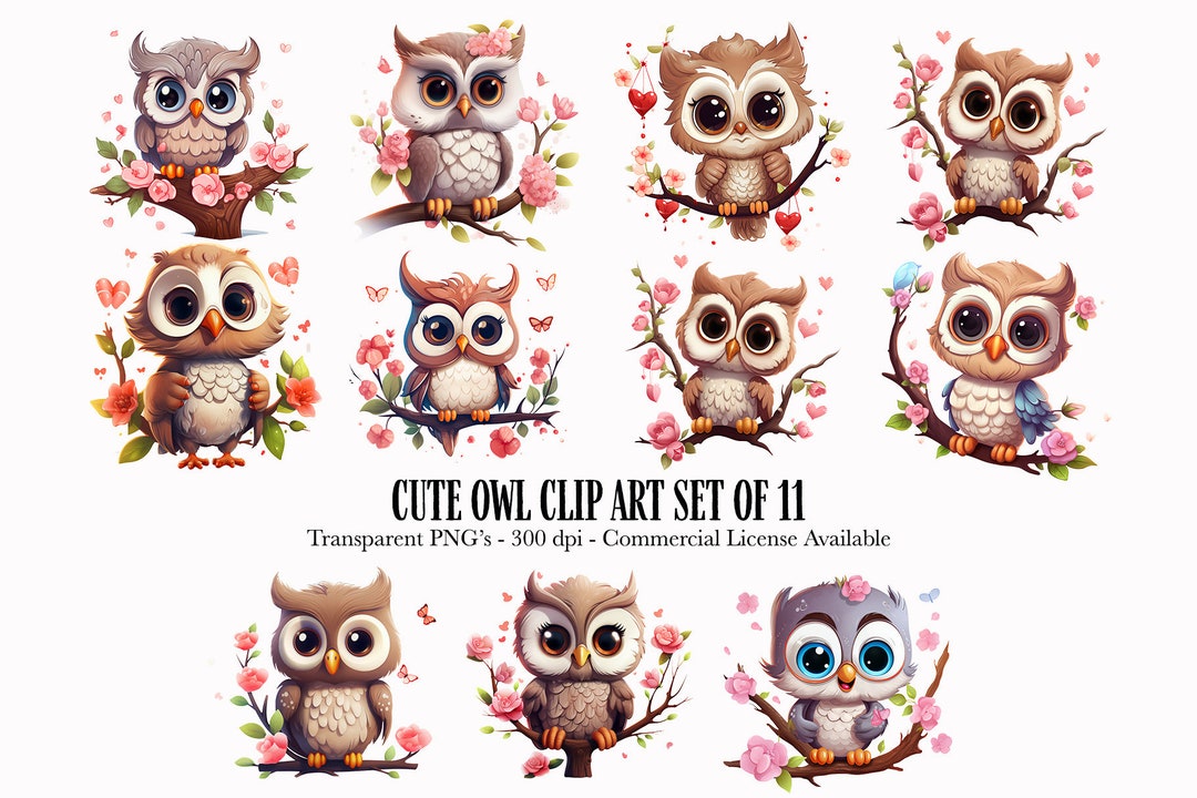 Whimsical Owl Clip Art Collection - 11 Transparent Pngs With Cute ...
