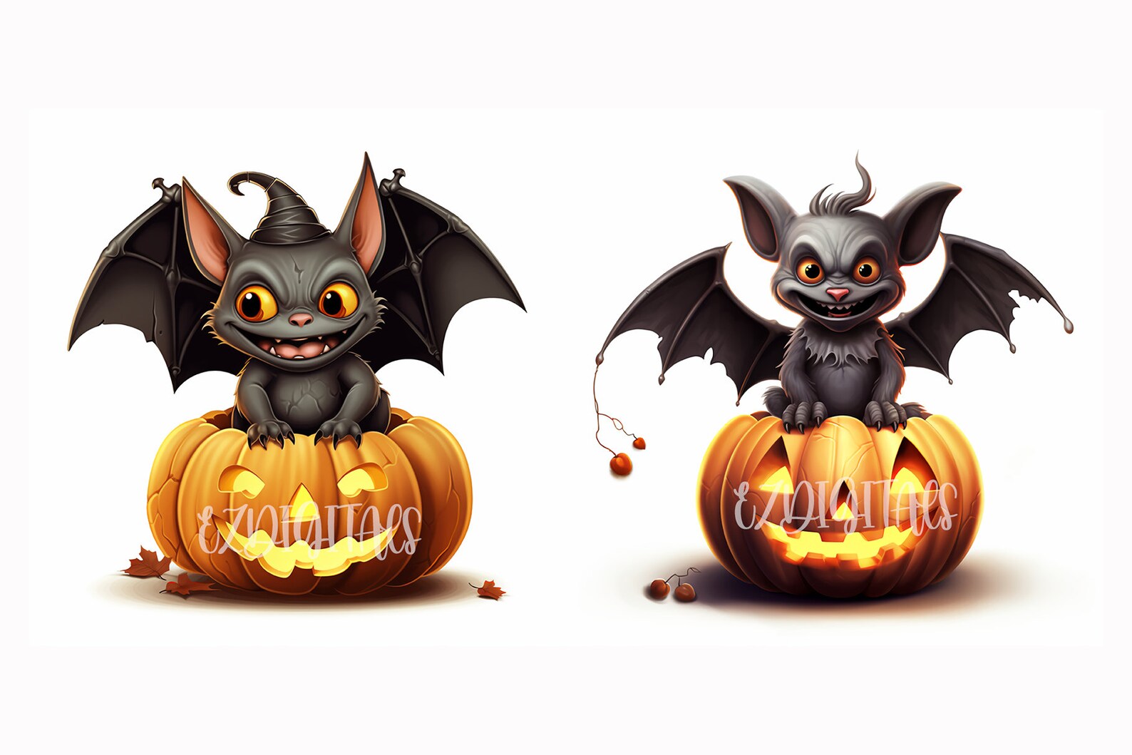 Whimsical Bat and Pumpkin Illustration Clipart Set - 15 High-resolution ...