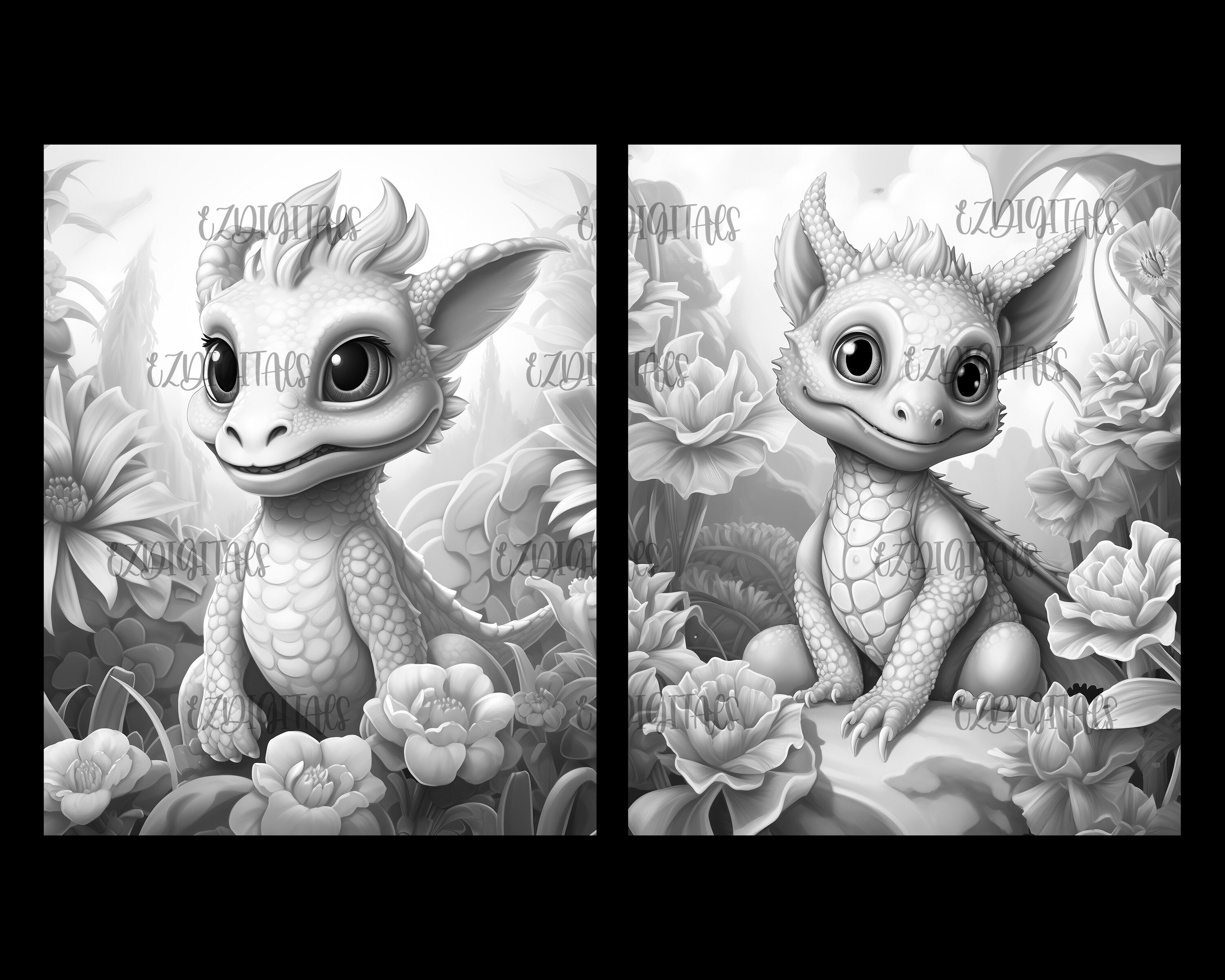 Baby Dragon Coloring Pages Set 2, 15 Greyscale Printable Adult Coloring ...