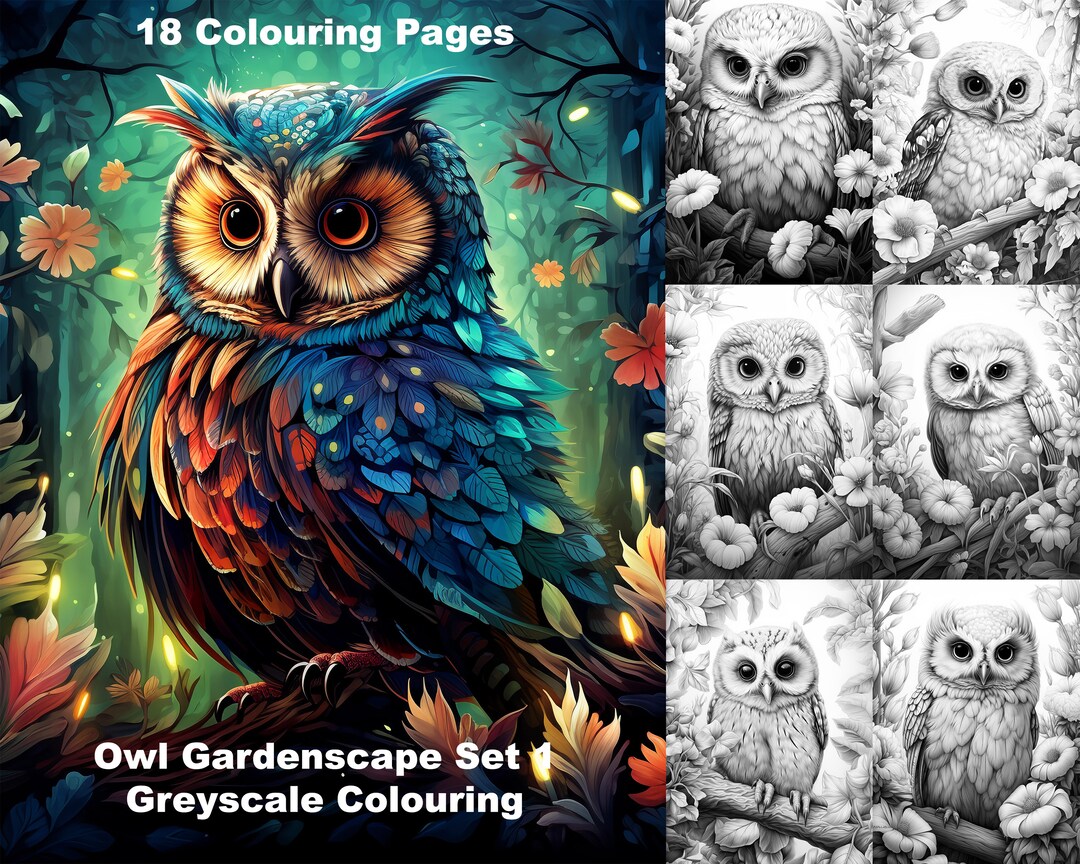 18 Owl Gardenscape Greyscale Coloring Pages / Colouring Pages for ...