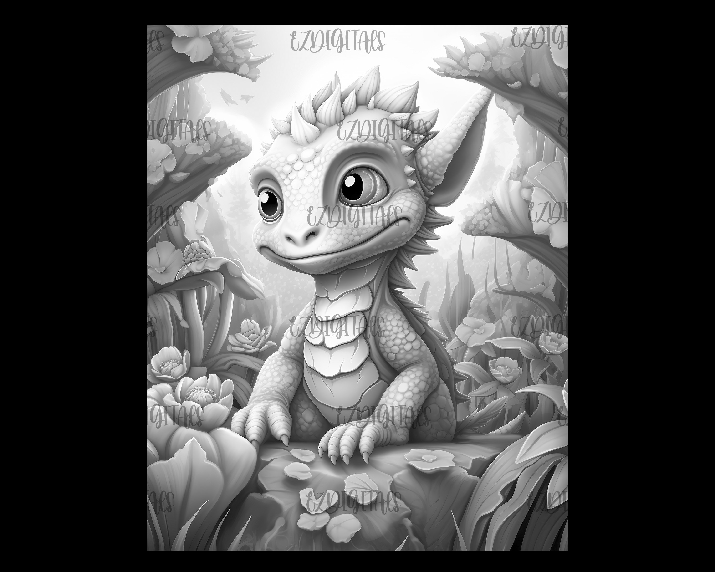Baby Dragon Coloring Pages Set 2, 15 Greyscale Printable Adult Coloring ...