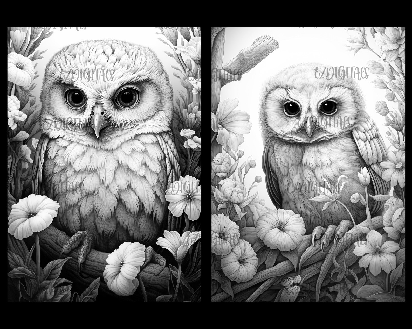 18 Owl Gardenscape Greyscale Coloring Pages / Colouring Pages for ...