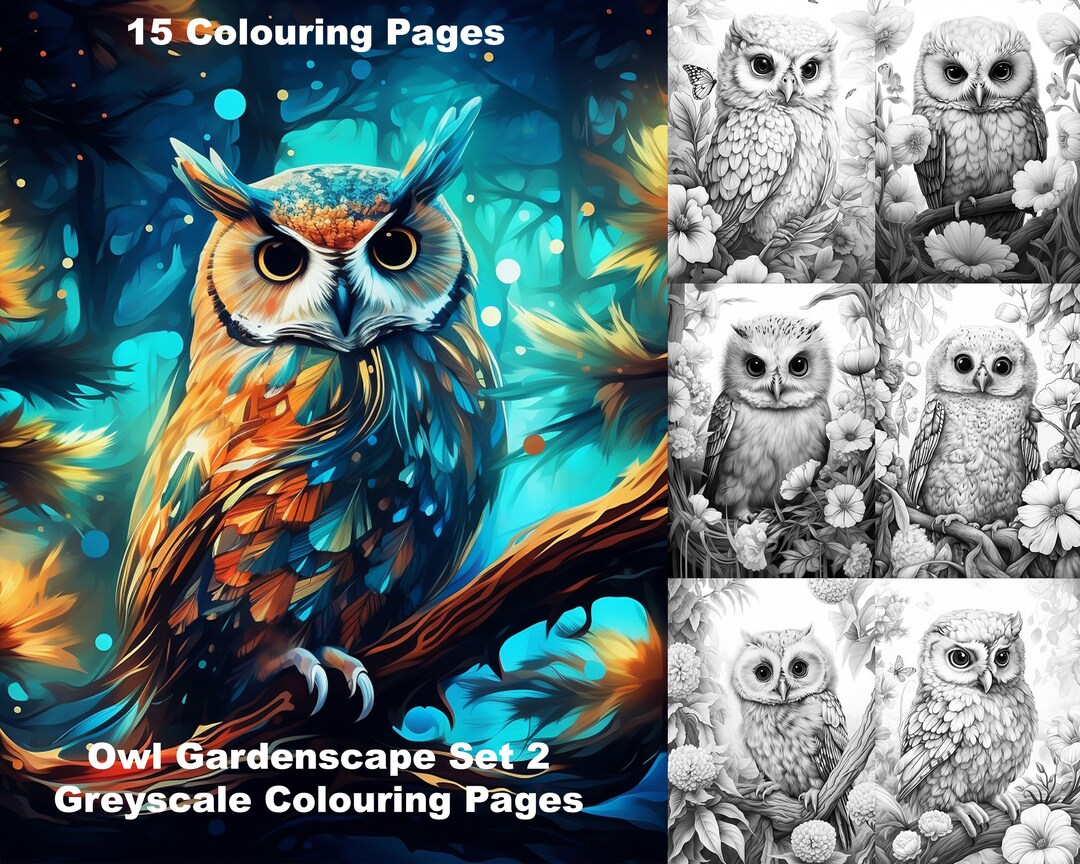 15 Owl Gardenscape Greyscale Coloring Pages Set 2 / Colouring Pages for ...