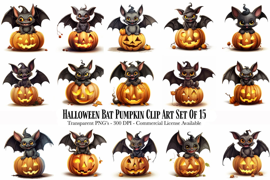Whimsical Bat and Pumpkin Illustration Clipart Set - 15 High-resolution ...