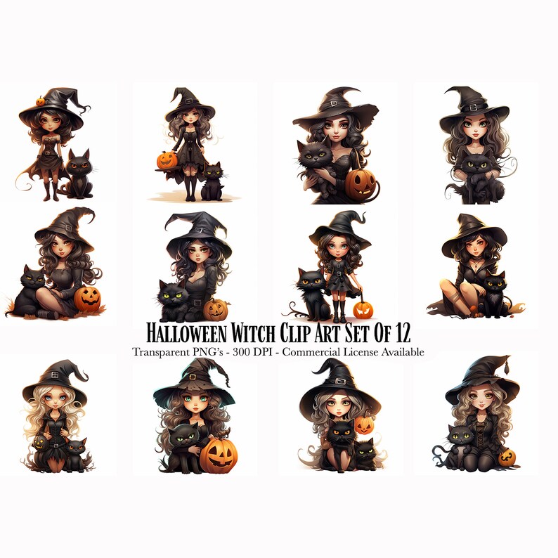 Enchanting Halloween Clip Art Bundle Featuring Witches, Black Cats, and ...