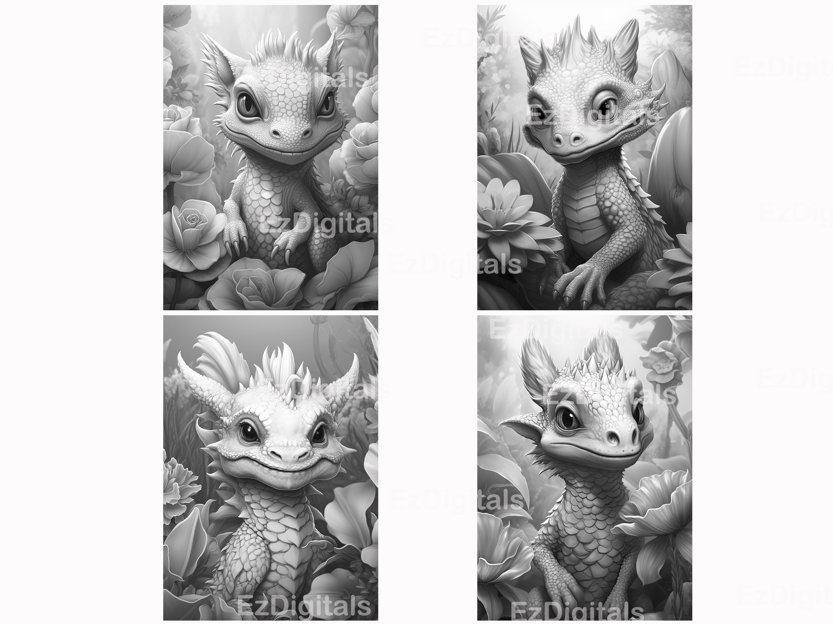20 Baby Dragon Greyscale Coloring Pages / Light and Dark / Printable ...