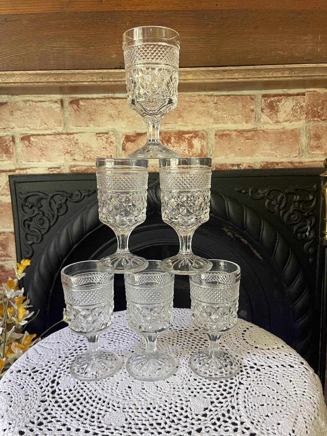 6 Vintage Anchor Hocking Wexford Pattern Clear Wine Water Goblets ...