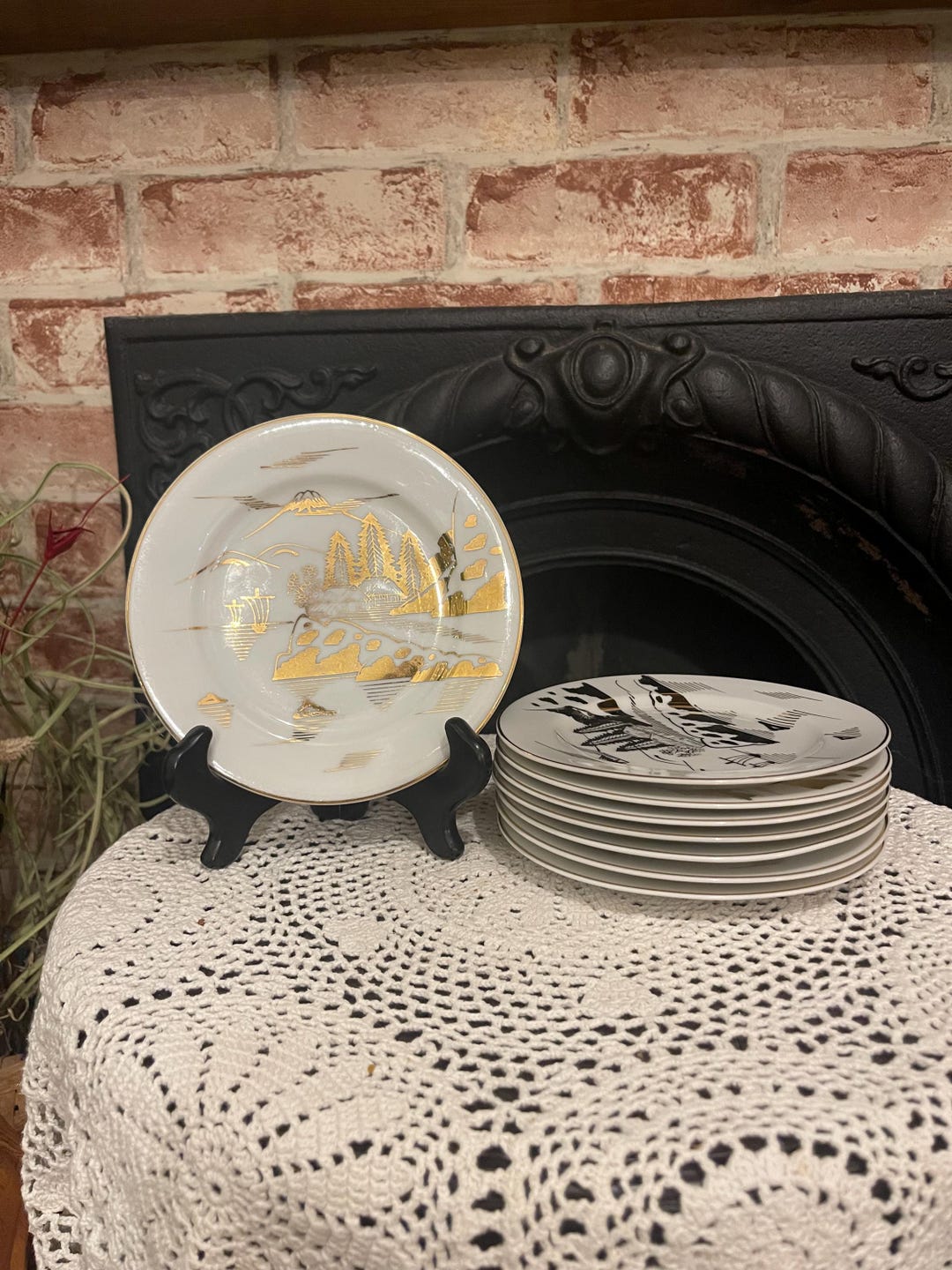 8 Vintage Kutani Dessert Bread Plates Gold Japan Mt Fuji Hand Painted ...