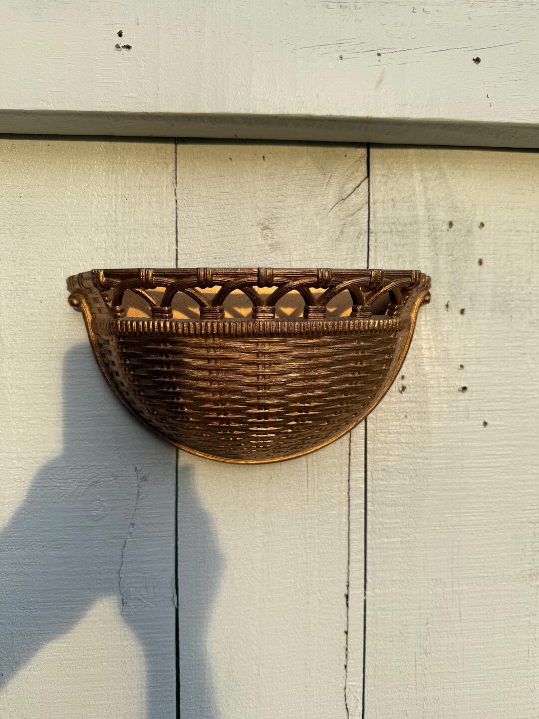 Vtg Syroco Faux Rattan Wall Pocket Planter Basket Gold Resin Hollywood ...