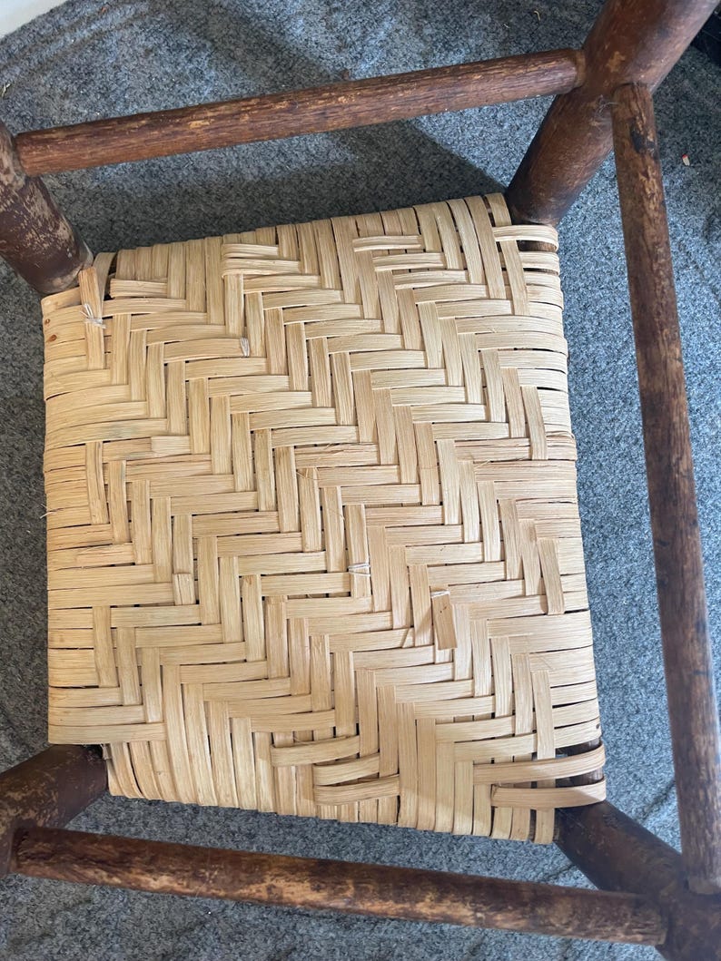 Vintage Oak Footstool Stool Ottoman With Trapezoid Woven Rush Top ...