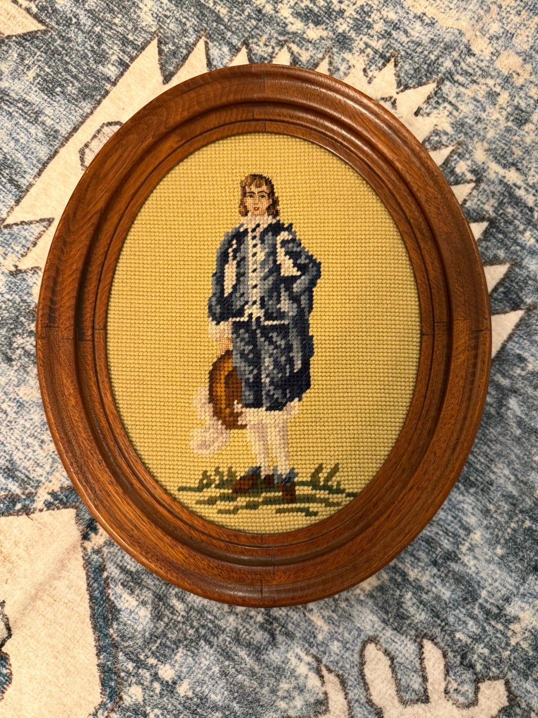 Vintage Needlepoint the Blue Boy in Oval Wooden Frame - Etsy