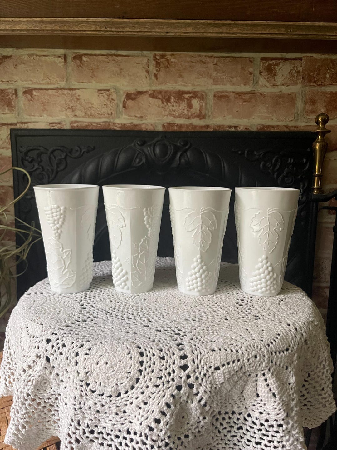 4 Vintage Indiana White Milk Glass Panel Grapes 16 Oz Tumbler Drinking ...