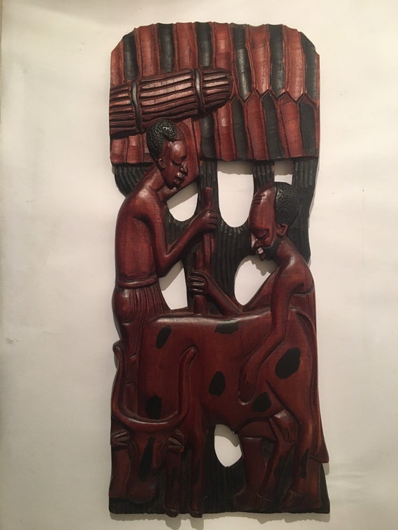 Hand Carved African Art Wood Relief Panel Tribal Men Cow Bull - Etsy