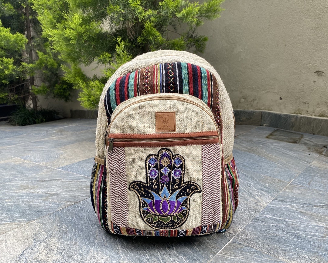 Large Premium Multi Pocket Hamsa Embroidered Hemp Backpack, Hippie ...