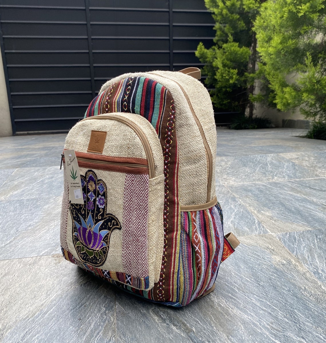 Large Premium Multi Pocket Hamsa Embroidered Hemp Backpack, Hippie ...