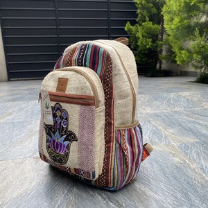 Large Premium Multi Pocket Hamsa Embroidered Hemp Backpack, Hippie ...