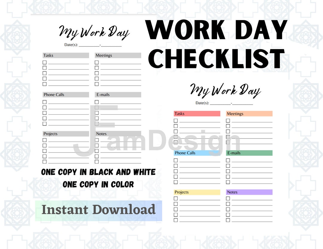Work Day Checklist, Tasks, Meetings, Phone Calls, Emails, Projects ...