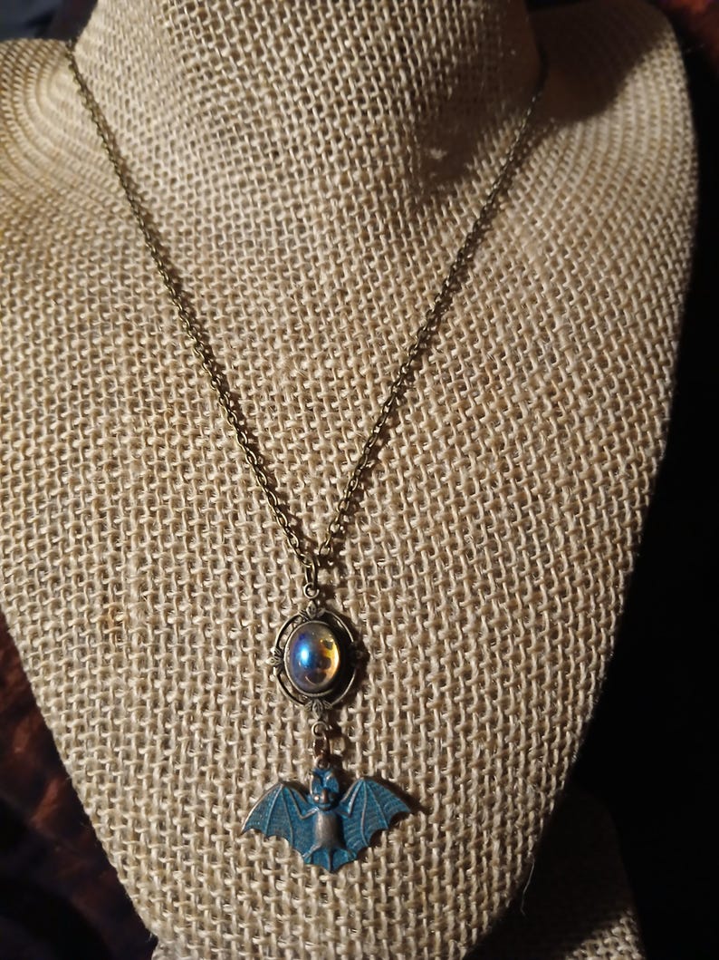 Bat Shine: Neo-victorian Glass and Bat Necklace, Iridescent Antique ...