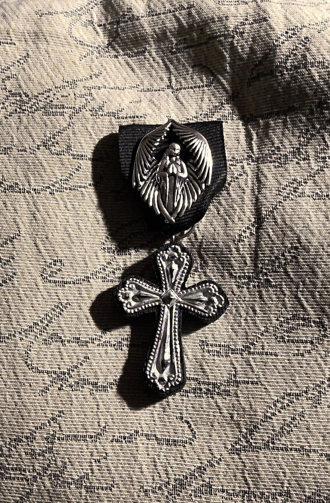 Bold Gothic Angel & Cross Medal / Brooch: One-of-a-kind Classical ...