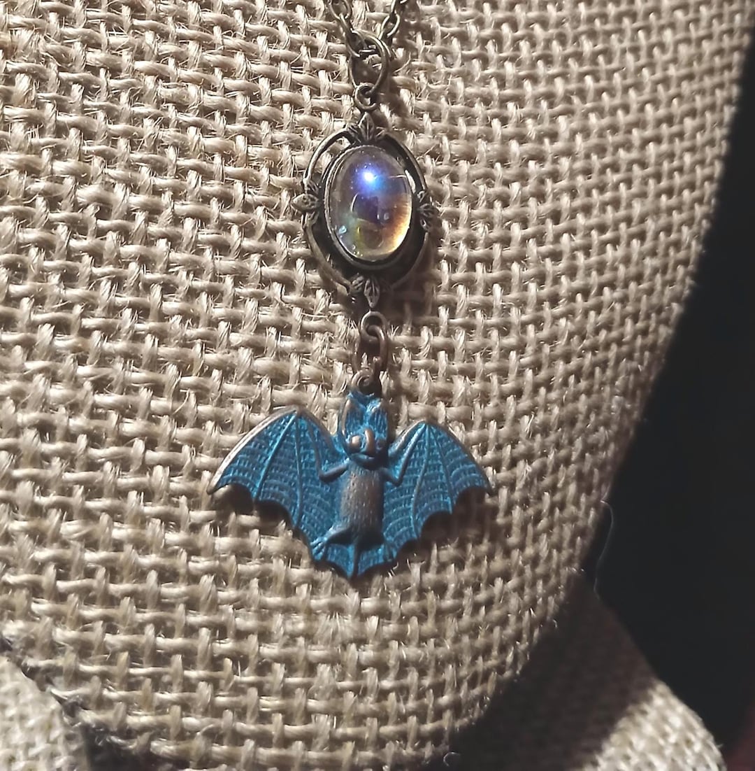 Bat Shine: Neo-victorian Glass and Bat Necklace, Iridescent Antique ...