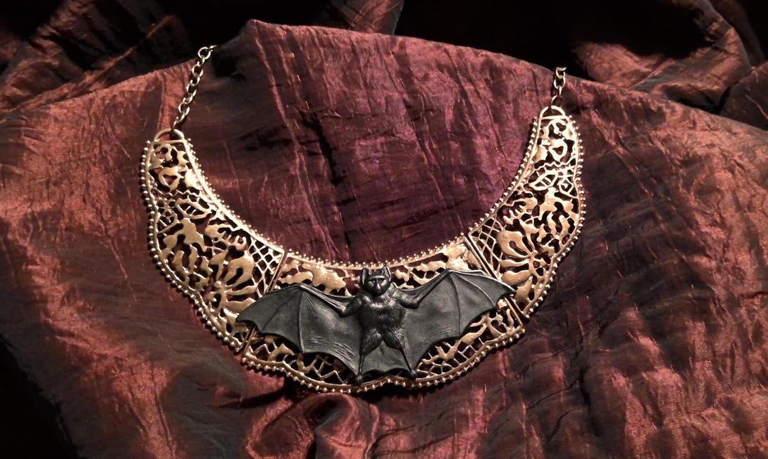 Bold Bat Bib Necklace in Neo-classical Style, Black Bat on Brass Cut ...