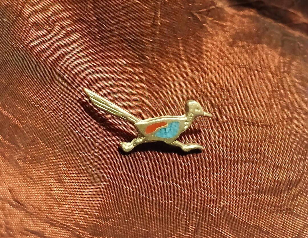 Vintage Roadrunner Turquoise & Red Coral Pewter Southwestern Lapel ...
