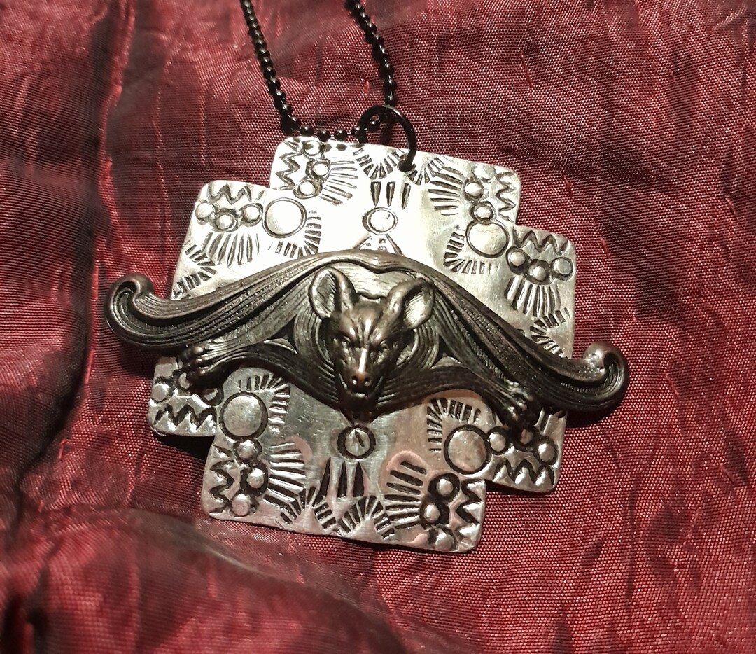 Bold Bat: Wide-winged Gothic Bat on Vintage Hammered Silver Western ...