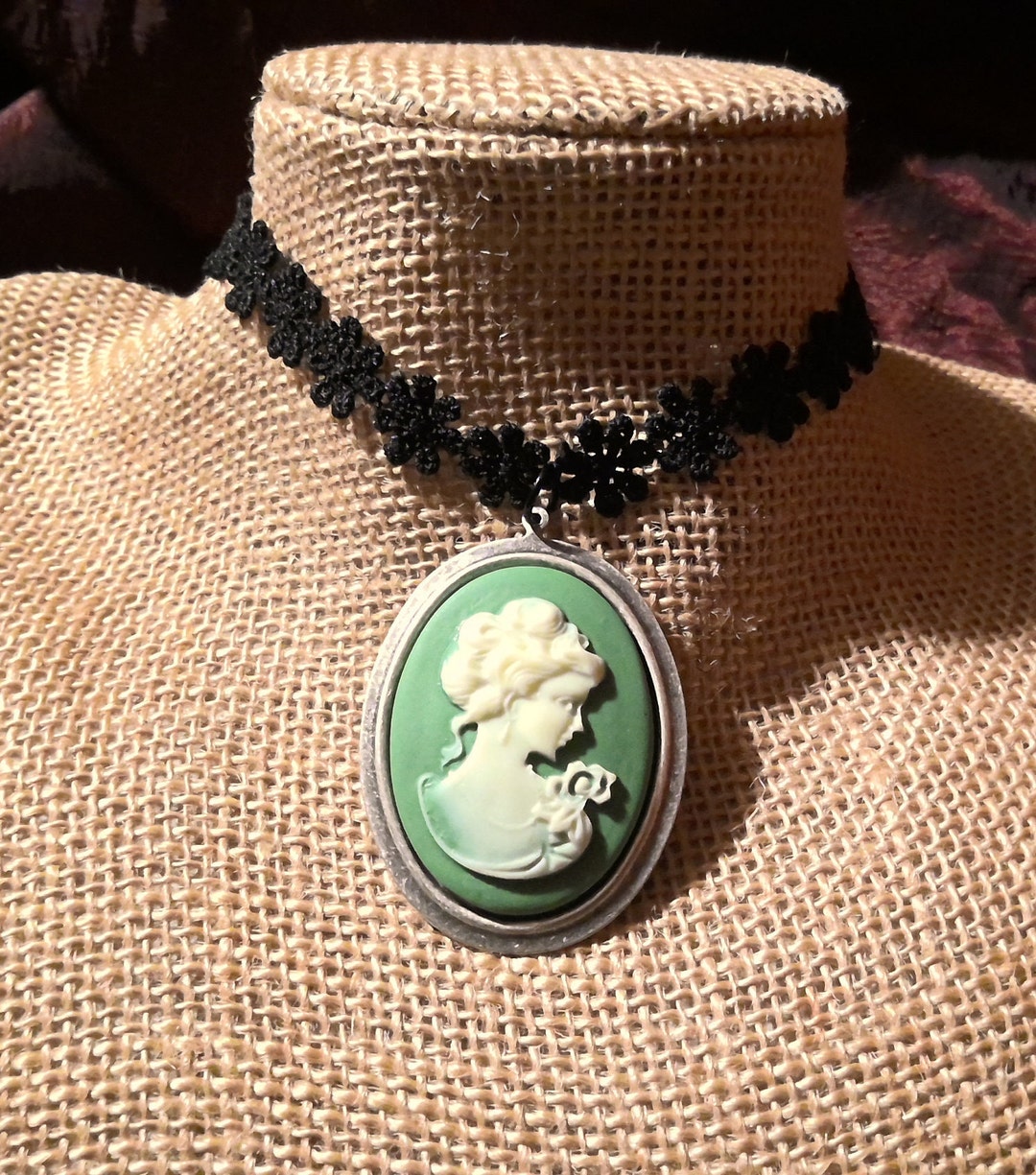 Summer Gothic Cameo: Large, Bold Green Cameo Choker Resin White and ...