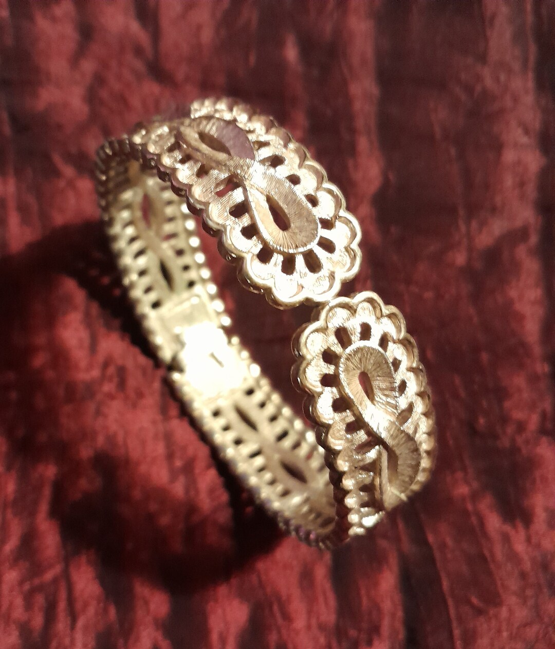 Vintage Monet Infinity Symbol Etched Lacy Golden Cuff Bracelet, Signed ...