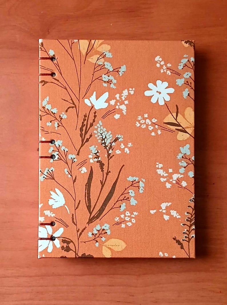 Handmade Journal, Orange Fall Autumn Floral Themed Cotton Fabric Cover ...