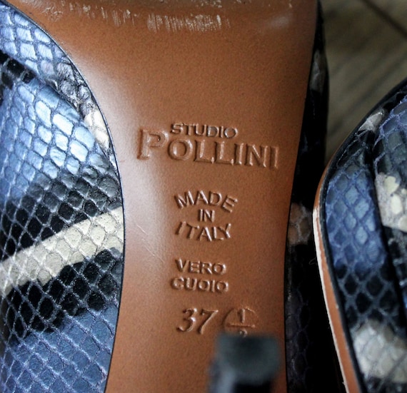 Pollini Leather Blue Snakeskin Pattern Heels, Size 7 - Gem