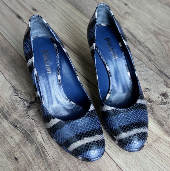 Pollini Leather Blue Snakeskin Pattern Heels, Size 7 - Gem