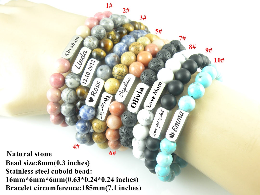 Personalized Turquoise Bead Bracelet Custom Name Bar Bracelet Engraved ...