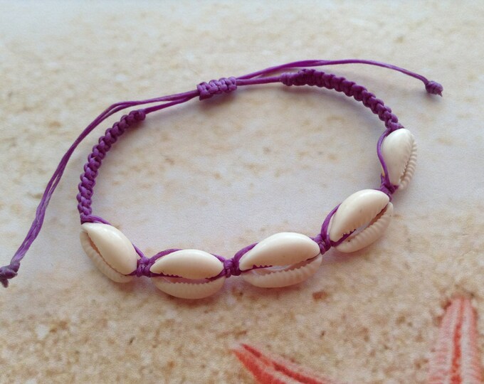 Nautical Real Cowrie Sea Shell Adjustable Nylon Wax Purple Cord ...