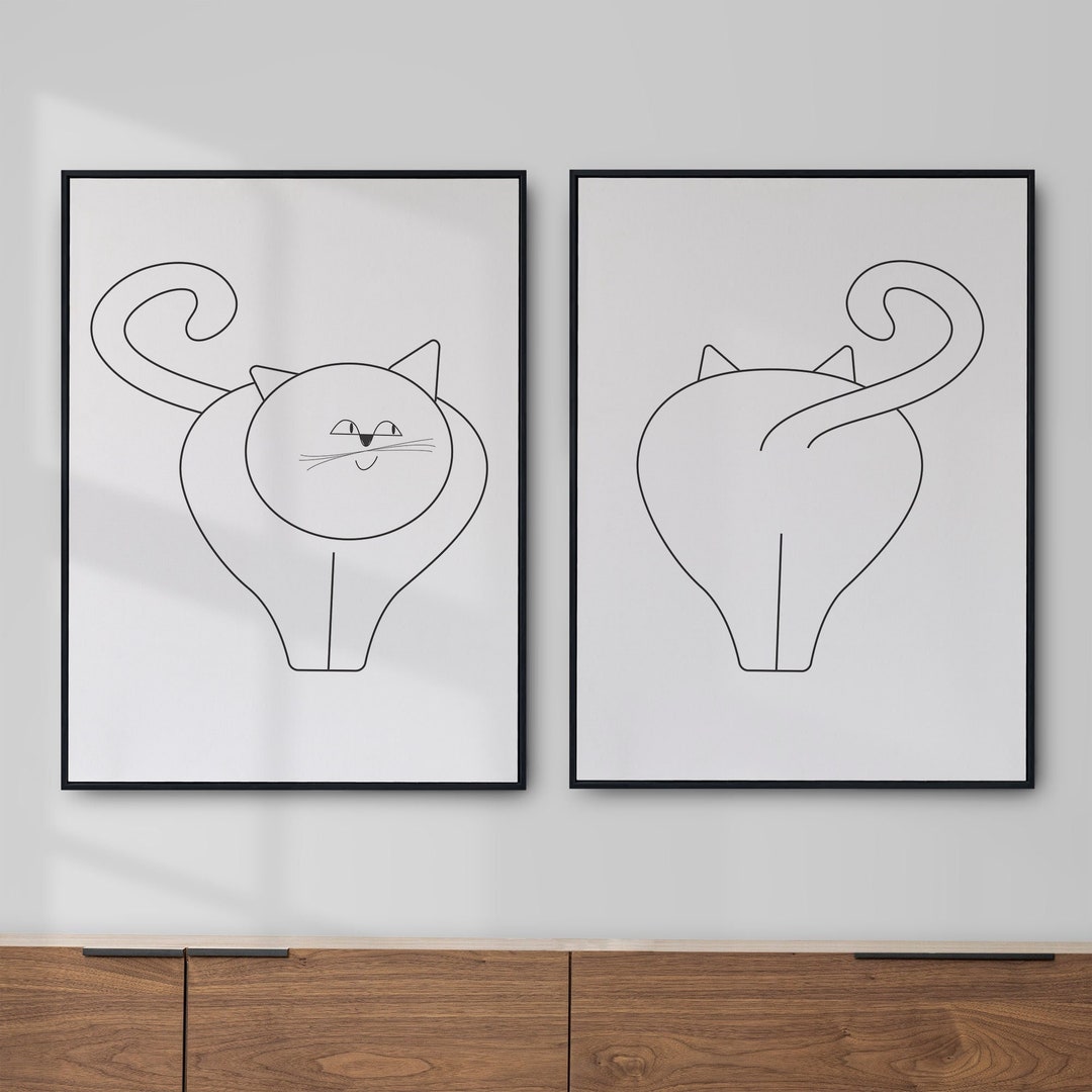 2 Set Wall Hanging, Line Art Cat Drawing, Print & Hang Instant Download ...