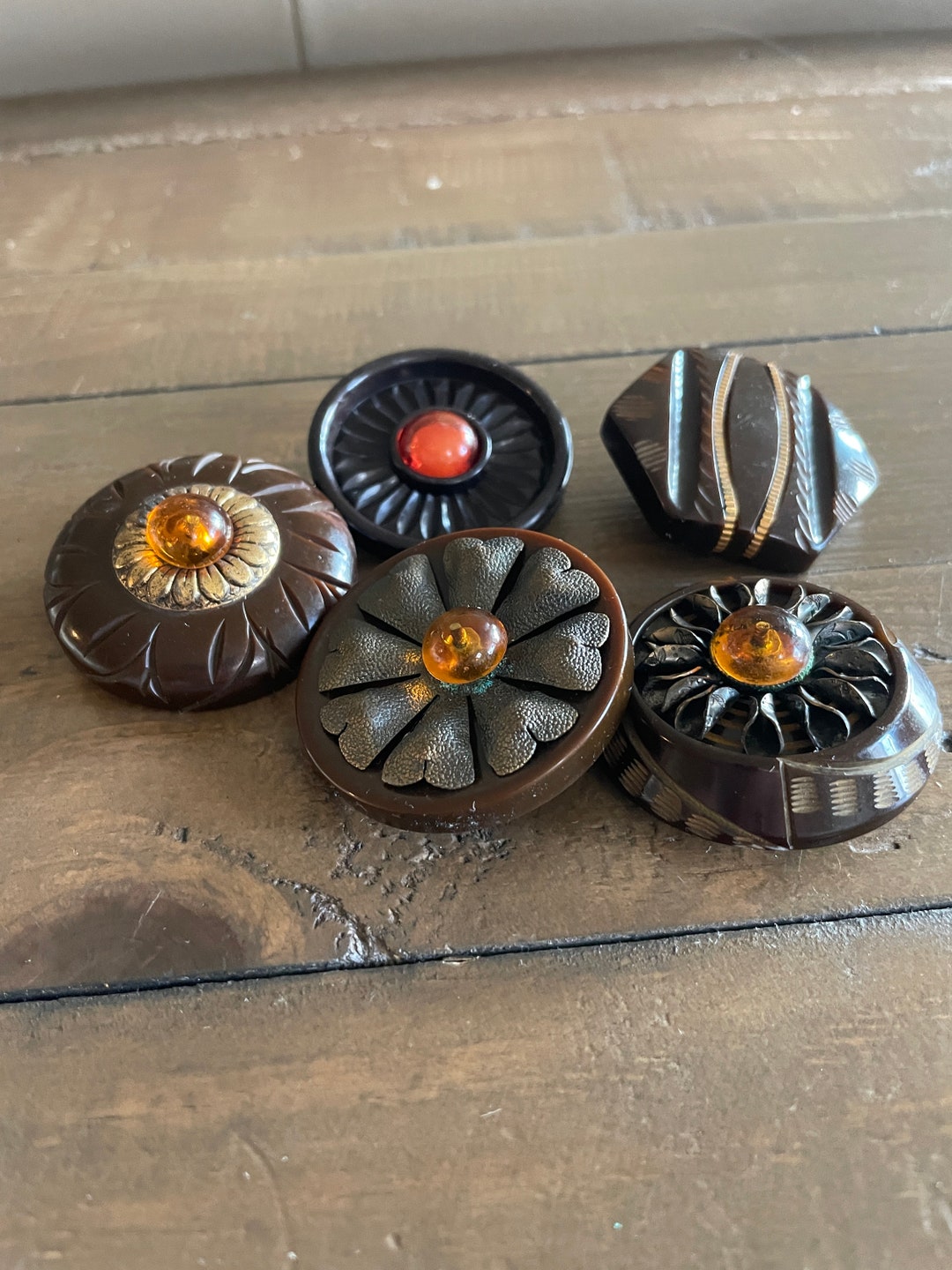 Lot of 5 Large Bakelite Buttons W/amber Stones & Gold Trim Tested - Etsy
