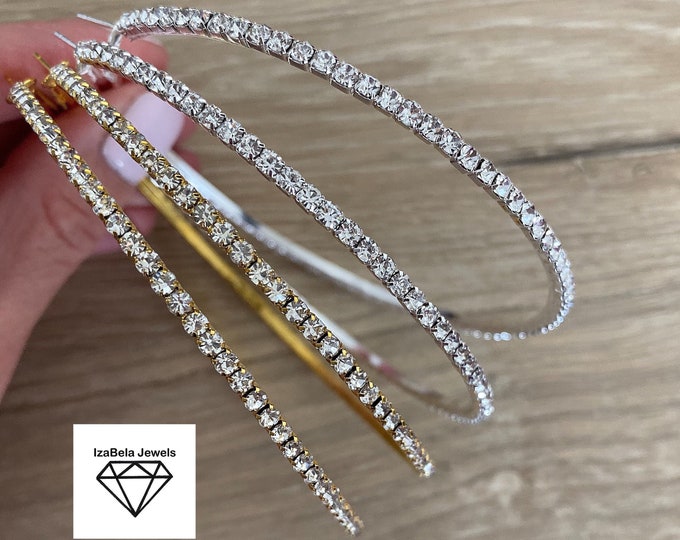 5 Sizes/2 Colors. Sparkly Crystal Hoop Earrings. Shiny Big Silver Hoops ...