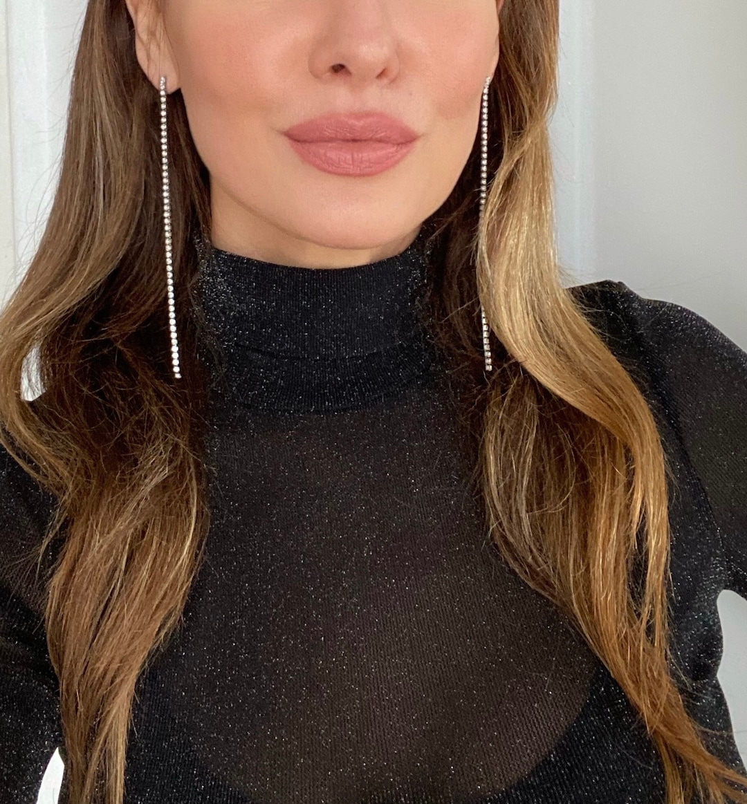 Very Long Earrings • 2.5mm Cubic Zirconia Stones • Platinum Plating ...