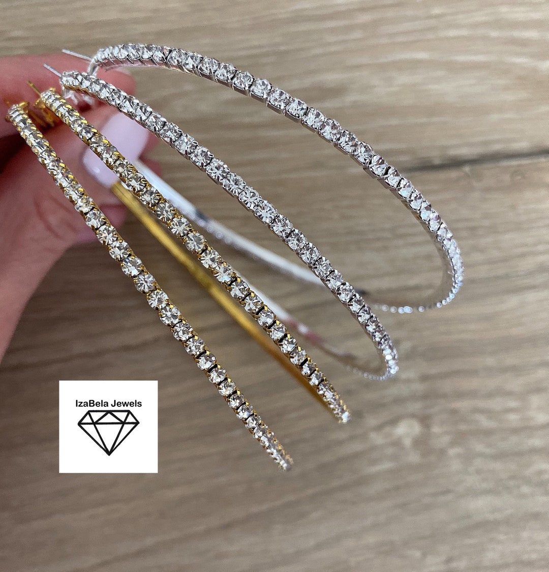 5 Sizes/2 Colors. Sparkly Crystal Hoop Earrings. Shiny Big Silver Hoops ...