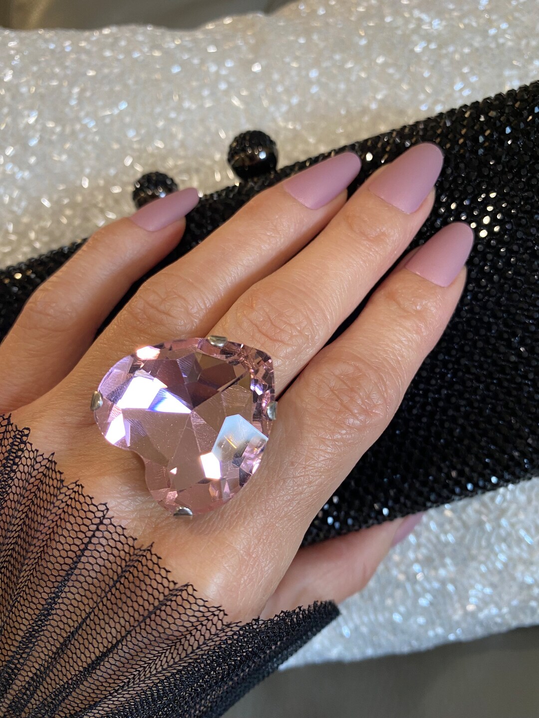 Extra Large Pink Heart Ring • Glass Crystal • Antique Silver Plating ...