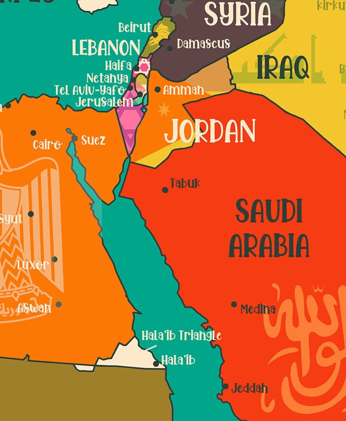 Middle Eastern/near Eastern Countries and Major Cities Map Giclée Print ...