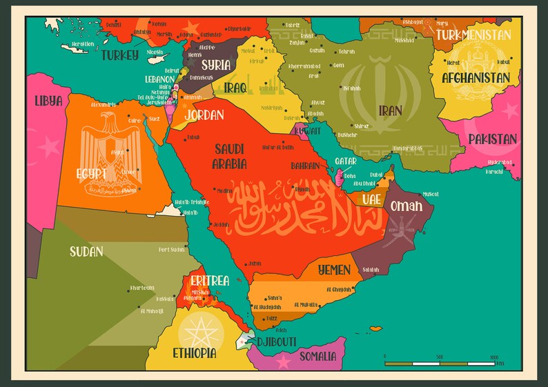 Middle Eastern/near Eastern Countries and Major Cities Map Giclée Print ...