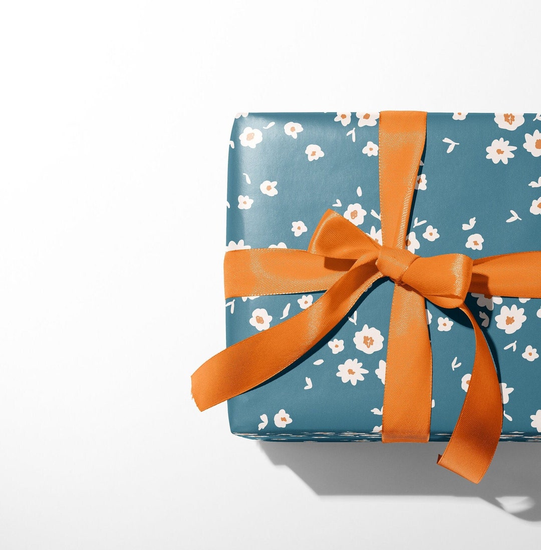 Blue Gift Wrapping Paper With White Hand-drawn Flowers Large Sheet - Etsy