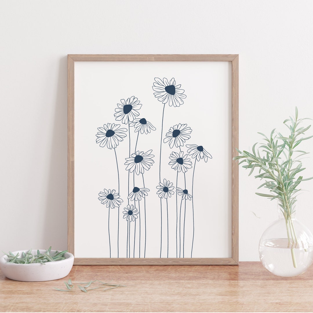 Daisy Botanical Art Print, Watercolor Art Print, Digital Print, Blue ...