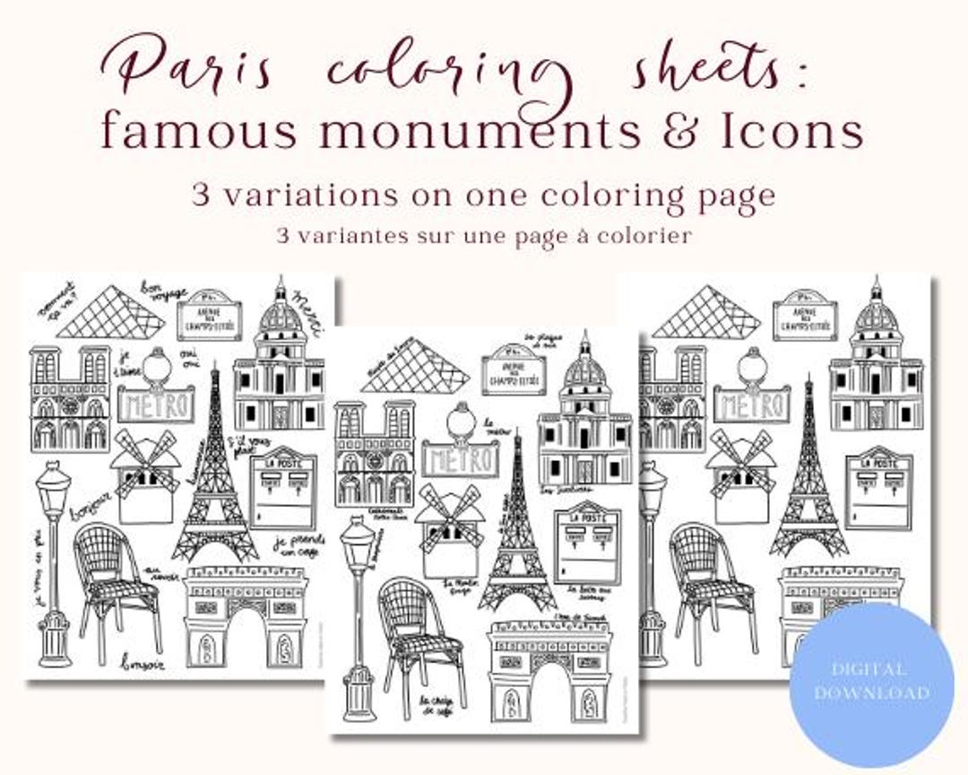Paris, France Coloring Page: Monuments and Icons for Adults, Teens ...