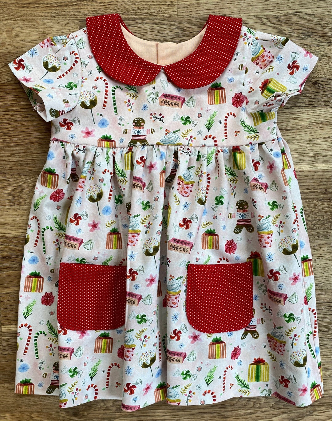 2t Pink Gingerbread Dress With Contrasting Red Peter Pan Collar and ...