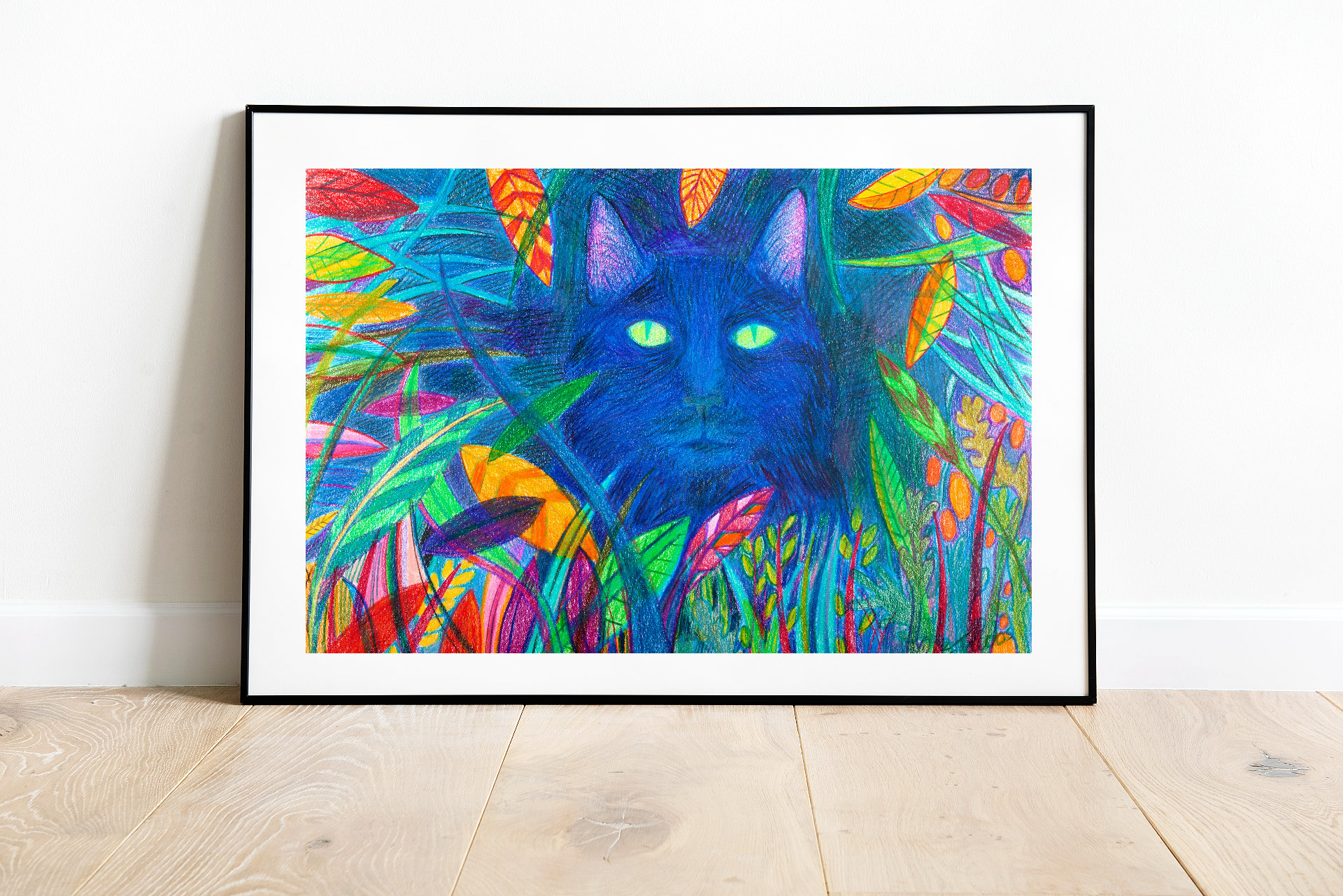 Blue Cat in the Garden Wall Art Print, Cats and Garden Illustration ...