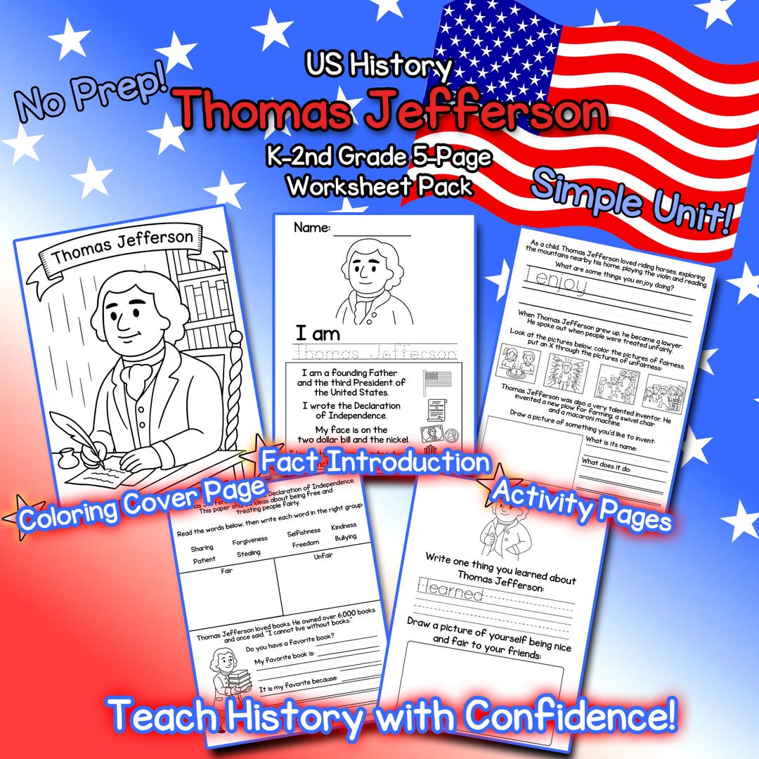 Thomas Jefferson Biography (k–2nd) – US Presidents History Worksheets ...