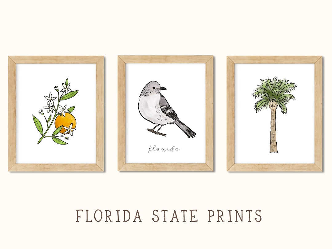 Florida State Symbol Prints: Orange Blossom, Mockingbird, Palm Tree - Etsy